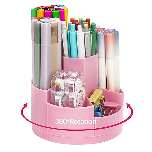 Pen Holder for Desk, 360° Rotating Pencil Holder, 7 Slot Pen Organizer, Large Cute Marker Organizer for Office, School, Classroom, Pencil Container with Stickers for Art Supply, Makeup Brush (Pink)