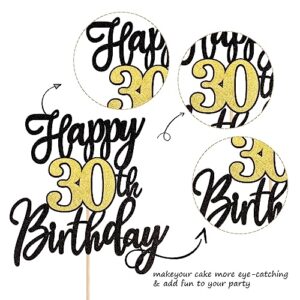 1 PCS Happy 30th Birthday Cake Topper Black Gold Glitter Cheers to 30 Years Birthday Cake Pick 30 Fabulous Cake Decoration for Happy 30th Birthday Anniversary Party Cake Decorations Supplies