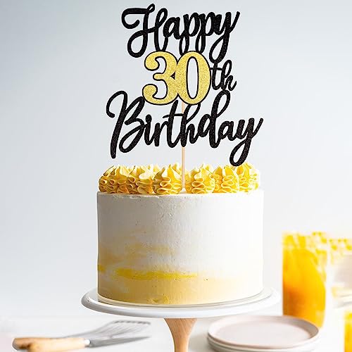 1 PCS Happy 30th Birthday Cake Topper Black Gold Glitter Cheers to 30 Years Birthday Cake Pick 30 Fabulous Cake Decoration for Happy 30th Birthday Anniversary Party Cake Decorations Supplies