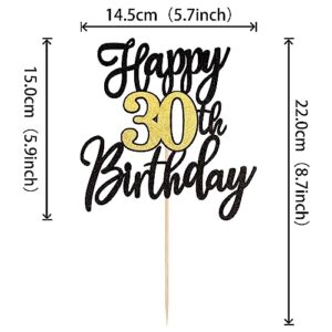 1 PCS Happy 30th Birthday Cake Topper Black Gold Glitter Cheers to 30 Years Birthday Cake Pick 30 Fabulous Cake Decoration for Happy 30th Birthday Anniversary Party Cake Decorations Supplies