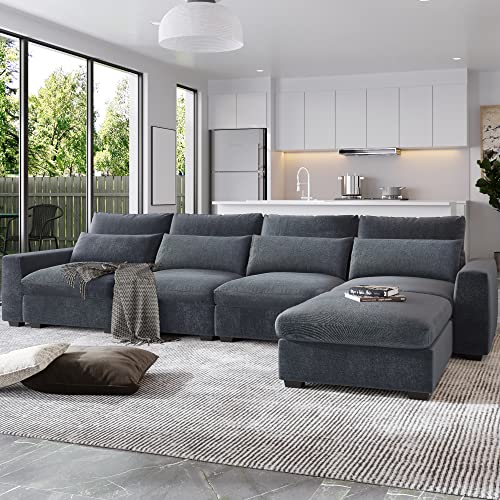 BSYEIO 129.9" Modern Sectional Sofa for Living Room, L Shaped Sofa Couch with Convertible Ottoman Modern Upholstered Sofa Couch with Ottoman Waist Pillows - Grey