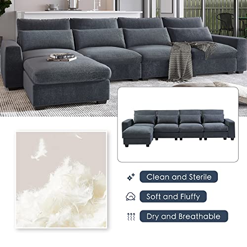 BSYEIO 129.9" Modern Sectional Sofa for Living Room, L Shaped Sofa Couch with Convertible Ottoman Modern Upholstered Sofa Couch with Ottoman Waist Pillows - Grey