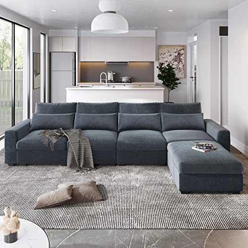 BSYEIO 129.9" Modern Sectional Sofa for Living Room, L Shaped Sofa Couch with Convertible Ottoman Modern Upholstered Sofa Couch with Ottoman Waist Pillows - Grey