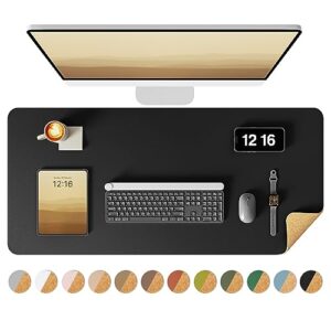 ysagi double-sided desk pad, leather desk mat, eco cork desk pad protector, large mouse pad for desk, waterproof desk blotter pad, desk writing pad for office work/home(23.6"x13.7",black+cork)