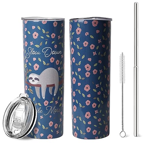 HOMEKOWN 20oz Slow the Sloth Tumbler Stainless Steel Cup Vacuum Insulated Travel Coffee Mug with Splash-Proof Lid Metal Straw