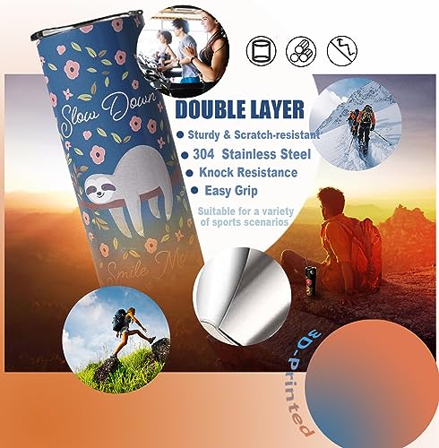 HOMEKOWN 20oz Slow the Sloth Tumbler Stainless Steel Cup Vacuum Insulated Travel Coffee Mug with Splash-Proof Lid Metal Straw