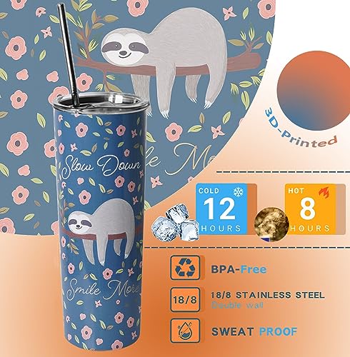 HOMEKOWN 20oz Slow the Sloth Tumbler Stainless Steel Cup Vacuum Insulated Travel Coffee Mug with Splash-Proof Lid Metal Straw