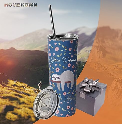 HOMEKOWN 20oz Slow the Sloth Tumbler Stainless Steel Cup Vacuum Insulated Travel Coffee Mug with Splash-Proof Lid Metal Straw