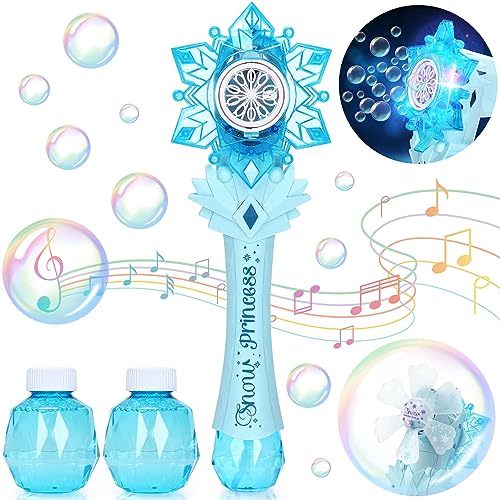 2 in 1 Princess Magic Bubble Blower Wand Machine for Kids, Snowflake Maker Wand Toys with Windmill & Light Up LED & Music, Outdoor Christmas Birthday Gift for Girls