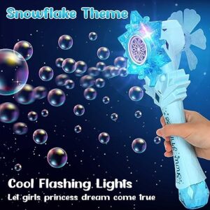 2 in 1 Princess Magic Bubble Blower Wand Machine for Kids, Snowflake Maker Wand Toys with Windmill & Light Up LED & Music, Outdoor Christmas Birthday Gift for Girls