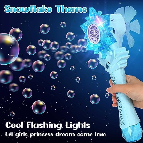 2 in 1 Princess Magic Bubble Blower Wand Machine for Kids, Snowflake Maker Wand Toys with Windmill & Light Up LED & Music, Outdoor Christmas Birthday Gift for Girls