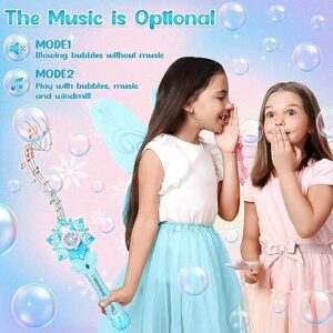 2 in 1 Princess Magic Bubble Blower Wand Machine for Kids, Snowflake Maker Wand Toys with Windmill & Light Up LED & Music, Outdoor Christmas Birthday Gift for Girls