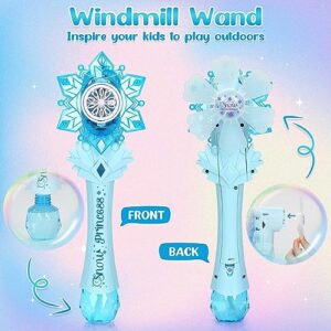 2 in 1 Princess Magic Bubble Blower Wand Machine for Kids, Snowflake Maker Wand Toys with Windmill & Light Up LED & Music, Outdoor Christmas Birthday Gift for Girls