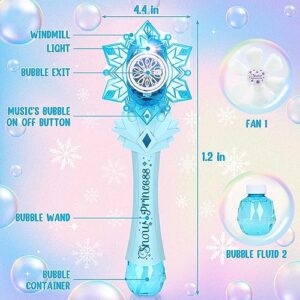 2 in 1 Princess Magic Bubble Blower Wand Machine for Kids, Snowflake Maker Wand Toys with Windmill & Light Up LED & Music, Outdoor Christmas Birthday Gift for Girls