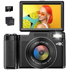 toiauaha 4k digital camera for photography, autofocus 48mp vlogging youtube with 16x zoom macro camera, 3’’180 degree flip screen compact video liftable flash, sd card&2 batteries black dc062