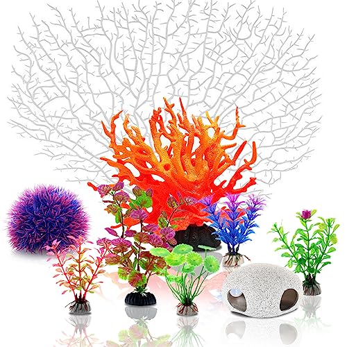 Grddaef Aquarium Plant Kits, Artificial Fish Tank Plastic & Resin Plants and Cave Rock Decorations Decor White Fake Coral Plants Set 9 Units