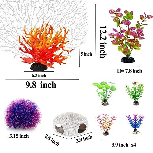 Grddaef Aquarium Plant Kits, Artificial Fish Tank Plastic & Resin Plants and Cave Rock Decorations Decor White Fake Coral Plants Set 9 Units