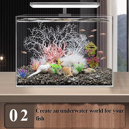 Grddaef Aquarium Plant Kits, Artificial Fish Tank Plastic & Resin Plants and Cave Rock Decorations Decor White Fake Coral Plants Set 9 Units