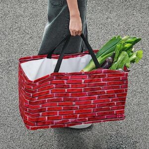 KQNZT Reusable Grocery Bags, Heavy Duty Reusable Shopping Bags, Large Tote Bags with Long Handles and Reinforced Bottom, Red Brick Wall