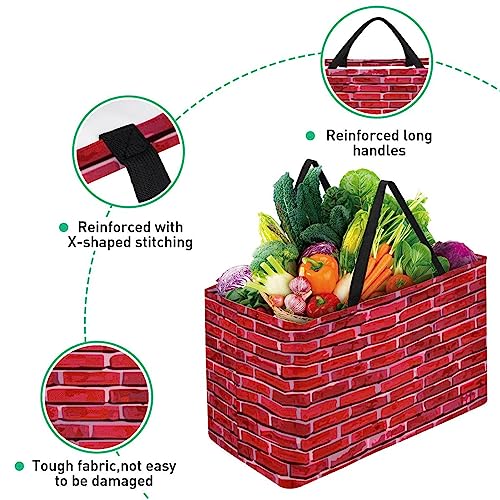 KQNZT Reusable Grocery Bags, Heavy Duty Reusable Shopping Bags, Large Tote Bags with Long Handles and Reinforced Bottom, Red Brick Wall