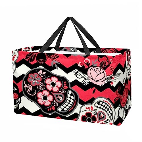 KQNZT Reusable Grocery Bags, Heavy Duty Reusable Shopping Bags, Large Tote Bags with Long Handles and Reinforced Bottom, Pink Skull Flowers Mexican Style