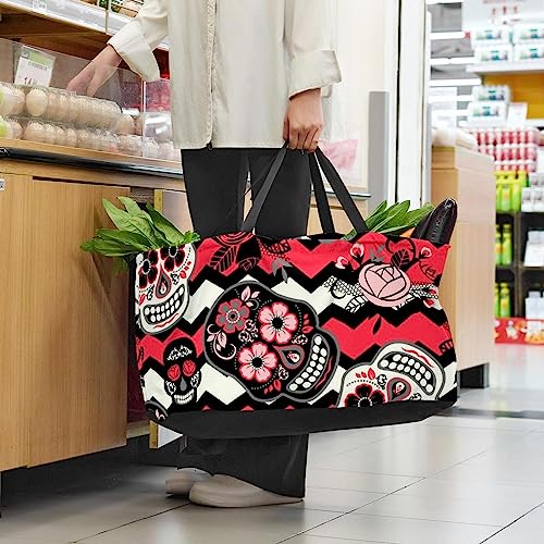 KQNZT Reusable Grocery Bags, Heavy Duty Reusable Shopping Bags, Large Tote Bags with Long Handles and Reinforced Bottom, Pink Skull Flowers Mexican Style