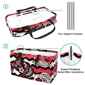 KQNZT Reusable Grocery Bags, Heavy Duty Reusable Shopping Bags, Large Tote Bags with Long Handles and Reinforced Bottom, Pink Skull Flowers Mexican Style