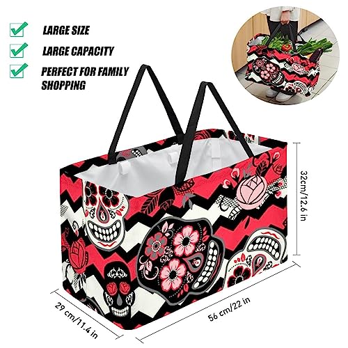 KQNZT Reusable Grocery Bags, Heavy Duty Reusable Shopping Bags, Large Tote Bags with Long Handles and Reinforced Bottom, Pink Skull Flowers Mexican Style