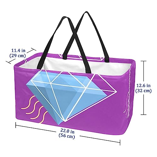 KQNZT Reusable Grocery Bags, Heavy Duty Reusable Shopping Bags, Large Tote Bags with Long Handles and Reinforced Bottom, Purple Blue Diamond