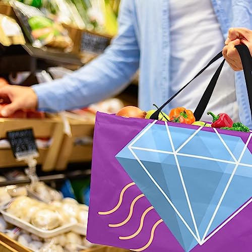 KQNZT Reusable Grocery Bags, Heavy Duty Reusable Shopping Bags, Large Tote Bags with Long Handles and Reinforced Bottom, Purple Blue Diamond