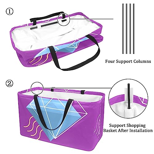 KQNZT Reusable Grocery Bags, Heavy Duty Reusable Shopping Bags, Large Tote Bags with Long Handles and Reinforced Bottom, Purple Blue Diamond