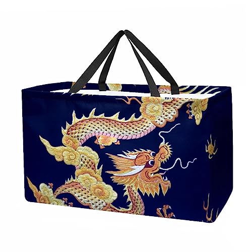 KQNZT Reusable Grocery Bags, Large Foldable Reusable Shopping Tote Bags Bulk for Groceries, Waterproof Kitchen Cloth Produce Bags with Long Handles, Traditional Art Dragon