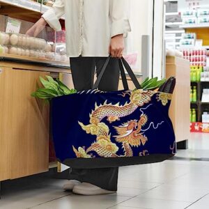 KQNZT Reusable Grocery Bags, Large Foldable Reusable Shopping Tote Bags Bulk for Groceries, Waterproof Kitchen Cloth Produce Bags with Long Handles, Traditional Art Dragon