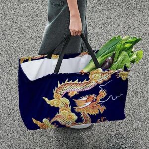 KQNZT Reusable Grocery Bags, Large Foldable Reusable Shopping Tote Bags Bulk for Groceries, Waterproof Kitchen Cloth Produce Bags with Long Handles, Traditional Art Dragon