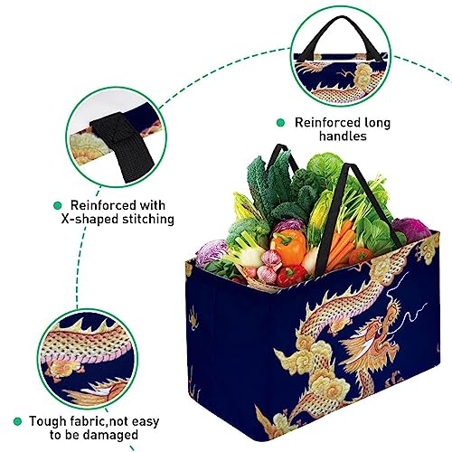 KQNZT Reusable Grocery Bags, Large Foldable Reusable Shopping Tote Bags Bulk for Groceries, Waterproof Kitchen Cloth Produce Bags with Long Handles, Traditional Art Dragon