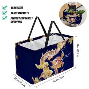 KQNZT Reusable Grocery Bags, Large Foldable Reusable Shopping Tote Bags Bulk for Groceries, Waterproof Kitchen Cloth Produce Bags with Long Handles, Traditional Art Dragon