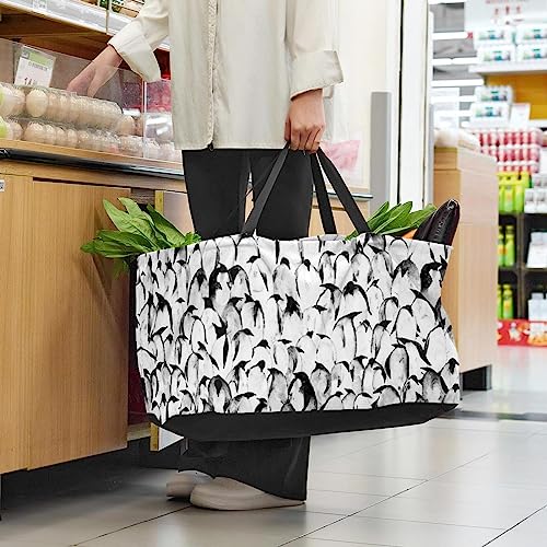 KQNZT Reusable Grocery Bags, Large Foldable Reusable Shopping Tote Bags Bulk for Groceries, Waterproof Kitchen Cloth Produce Bags with Long Handles, Animal Penguin