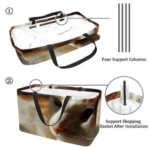 KQNZT Reusable Grocery Bags, Large Foldable Reusable Shopping Tote Bags Bulk for Groceries, Waterproof Kitchen Cloth Produce Bags with Long Handles, Cute Cat