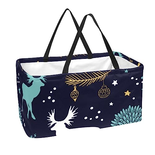 KQNZT Reusable Grocery Bags, Large Foldable Reusable Shopping Tote Bags Bulk for Groceries, Waterproof Kitchen Cloth Produce Bags with Long Handles, Christmas Elk Snowflake Feather