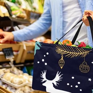 KQNZT Reusable Grocery Bags, Large Foldable Reusable Shopping Tote Bags Bulk for Groceries, Waterproof Kitchen Cloth Produce Bags with Long Handles, Christmas Elk Snowflake Feather