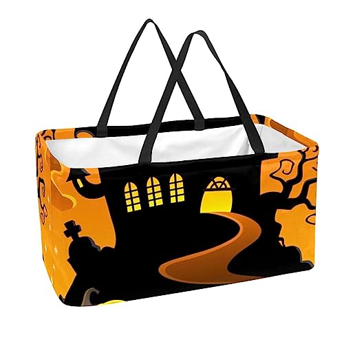 KQNZT Reusable Grocery Bags, Large Foldable Reusable Shopping Tote Bags Bulk for Groceries, Waterproof Kitchen Cloth Produce Bags with Long Handles, Halloween Bat Pumpkin Night