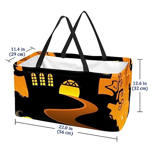 KQNZT Reusable Grocery Bags, Large Foldable Reusable Shopping Tote Bags Bulk for Groceries, Waterproof Kitchen Cloth Produce Bags with Long Handles, Halloween Bat Pumpkin Night