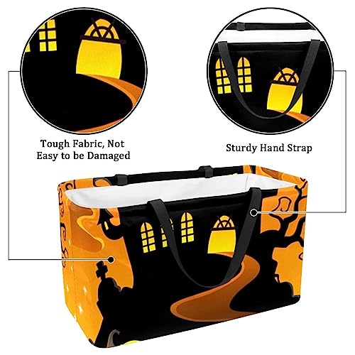 KQNZT Reusable Grocery Bags, Large Foldable Reusable Shopping Tote Bags Bulk for Groceries, Waterproof Kitchen Cloth Produce Bags with Long Handles, Halloween Bat Pumpkin Night