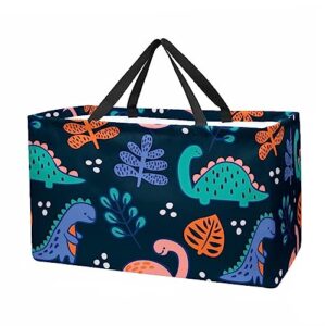 kqnzt reusable grocery bags, heavy duty reusable shopping bags, large tote bags with long handles and reinforced bottom, dinosaur leaves cartoon