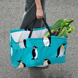 KQNZT Reusable Grocery Bags, Large Foldable Reusable Shopping Tote Bags Bulk for Groceries, Waterproof Kitchen Cloth Produce Bags with Long Handles, Cartoon Penguin Antarctic Animal