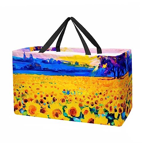 KQNZT Reusable Grocery Bags, Large Foldable Reusable Shopping Tote Bags Bulk for Groceries, Waterproof Kitchen Cloth Produce Bags with Long Handles, Sunflower Sunrise Oil Painting