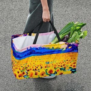 KQNZT Reusable Grocery Bags, Large Foldable Reusable Shopping Tote Bags Bulk for Groceries, Waterproof Kitchen Cloth Produce Bags with Long Handles, Sunflower Sunrise Oil Painting