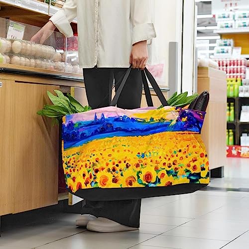 KQNZT Reusable Grocery Bags, Large Foldable Reusable Shopping Tote Bags Bulk for Groceries, Waterproof Kitchen Cloth Produce Bags with Long Handles, Sunflower Sunrise Oil Painting