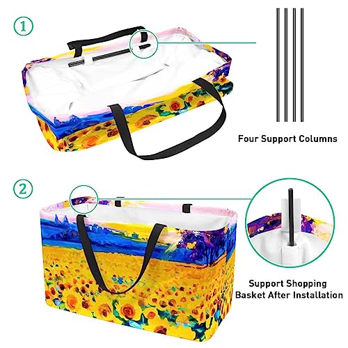 KQNZT Reusable Grocery Bags, Large Foldable Reusable Shopping Tote Bags Bulk for Groceries, Waterproof Kitchen Cloth Produce Bags with Long Handles, Sunflower Sunrise Oil Painting