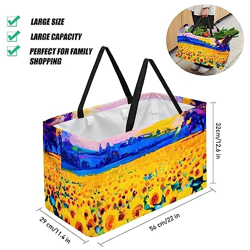 KQNZT Reusable Grocery Bags, Large Foldable Reusable Shopping Tote Bags Bulk for Groceries, Waterproof Kitchen Cloth Produce Bags with Long Handles, Sunflower Sunrise Oil Painting